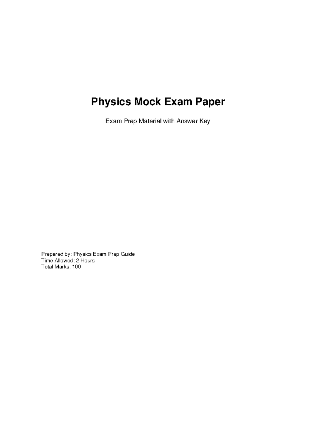 Physics Mock Exam Paper (Prep Material) with Answer Key - Studocu