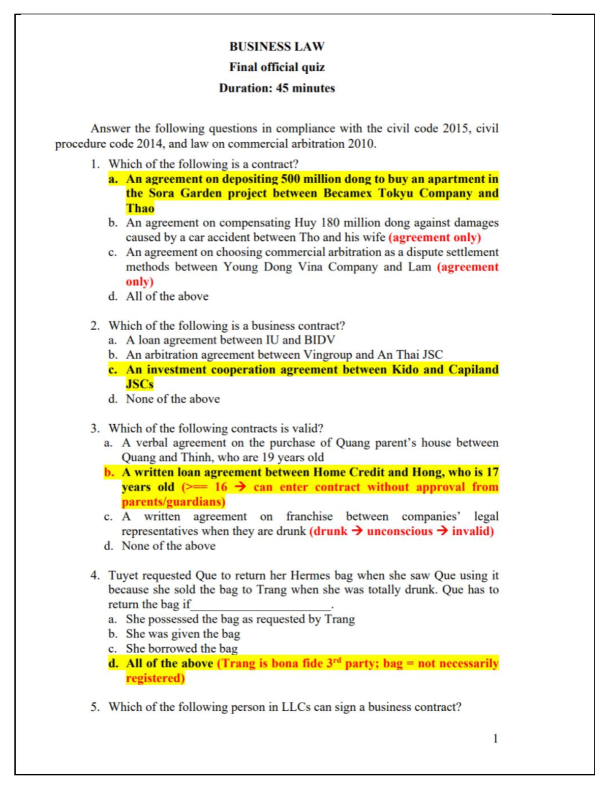 BUSINESS LAW BLaw Final Quiz: Key Concepts and Case Studies - Studocu