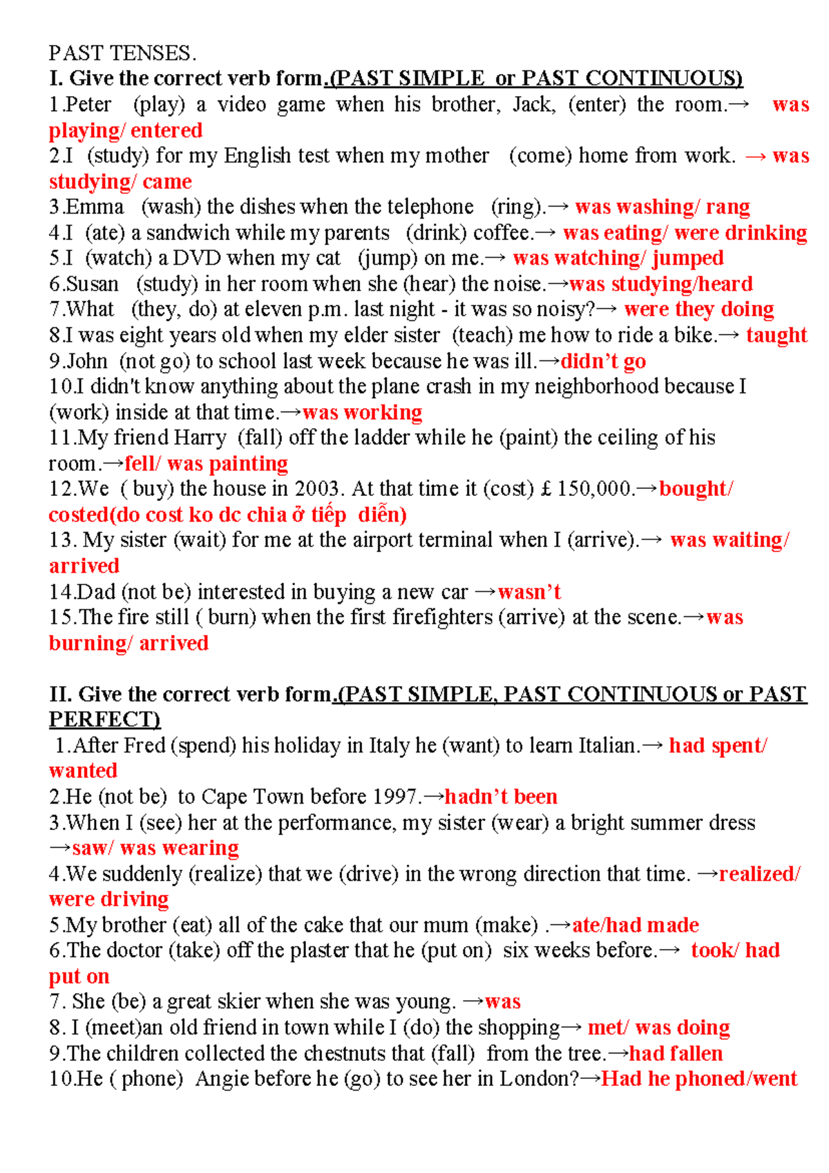 PAST Tenses - BÀI TẬP BỔ TRỢ (PAST SIMPLE & CONTINUOUS) - Studocu