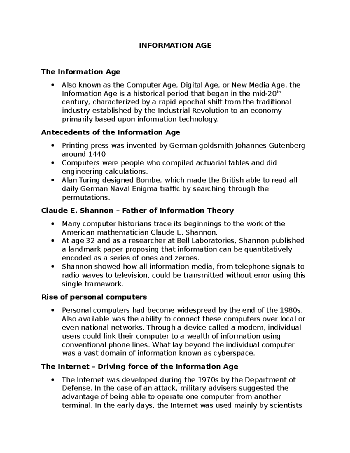 Information age - INFORMATION AGE The Information Age Also known as the ...