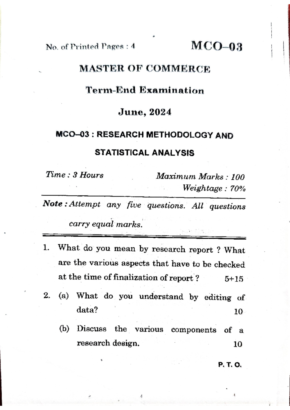 MCO 03 - Question papers - Research Methodology and Statistical Analysis - No. of Printed Pages ...