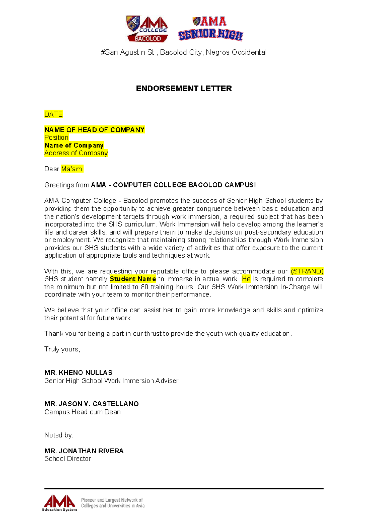 SHSWI Endorsement Letter for Work Immersion at AMA Computer College ...