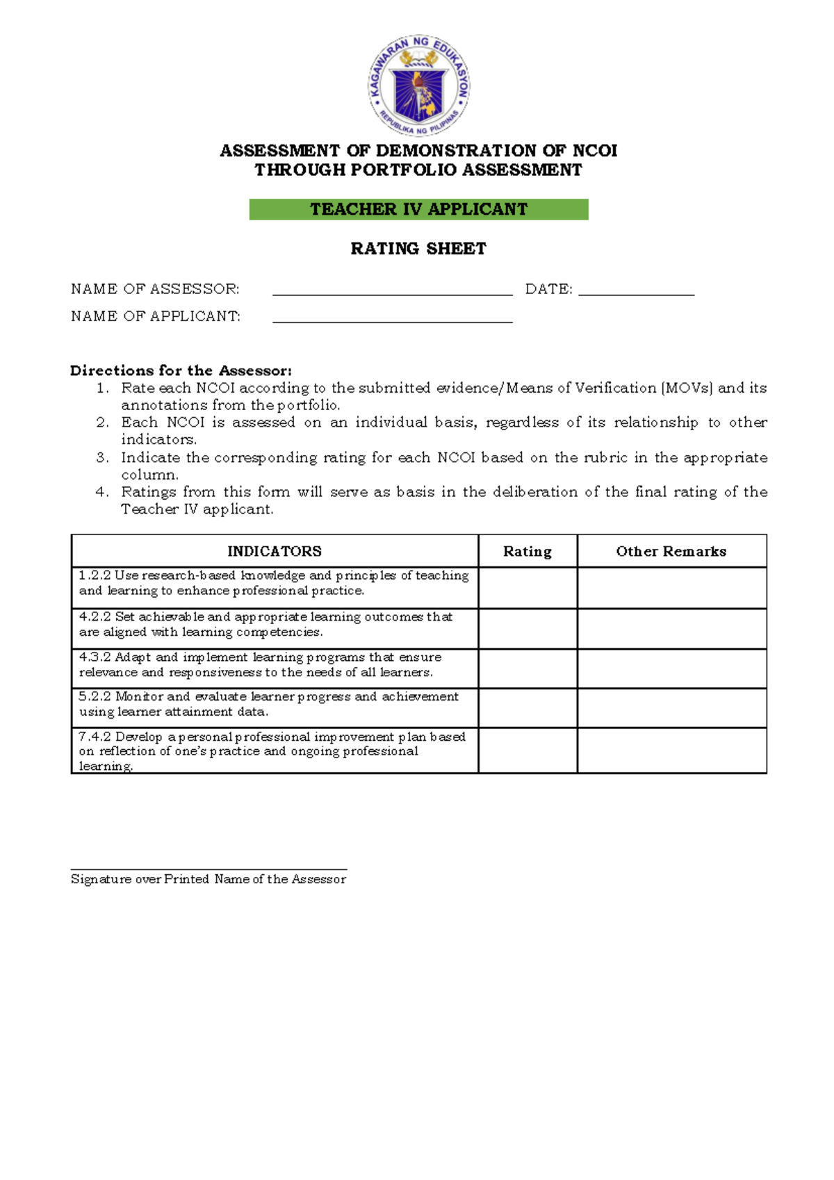 NCOI Rating Sheet for Teacher IV Applicant Assessment - Studocu