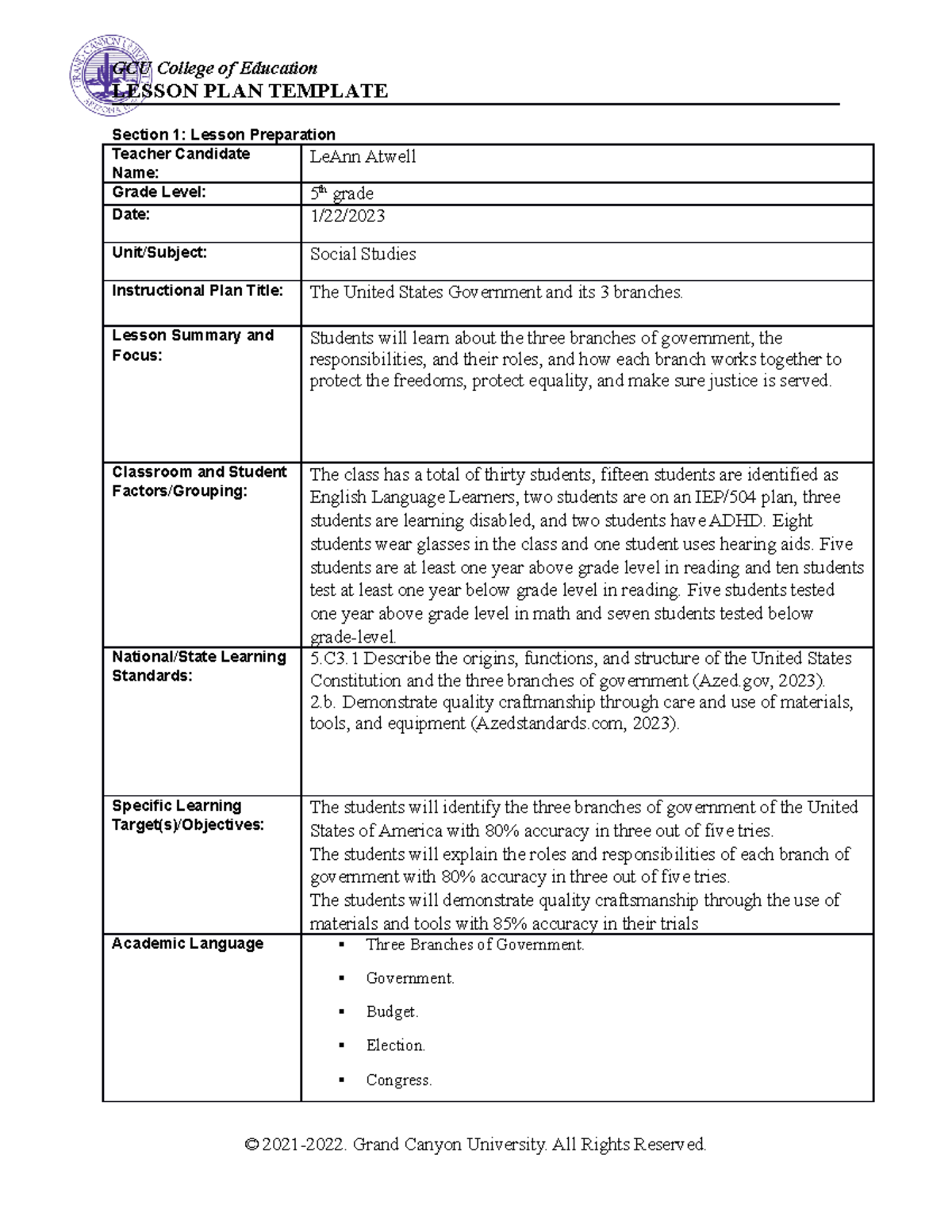 Civics Government Lesson Plan for 5th Grade (Social Studies) - Studocu