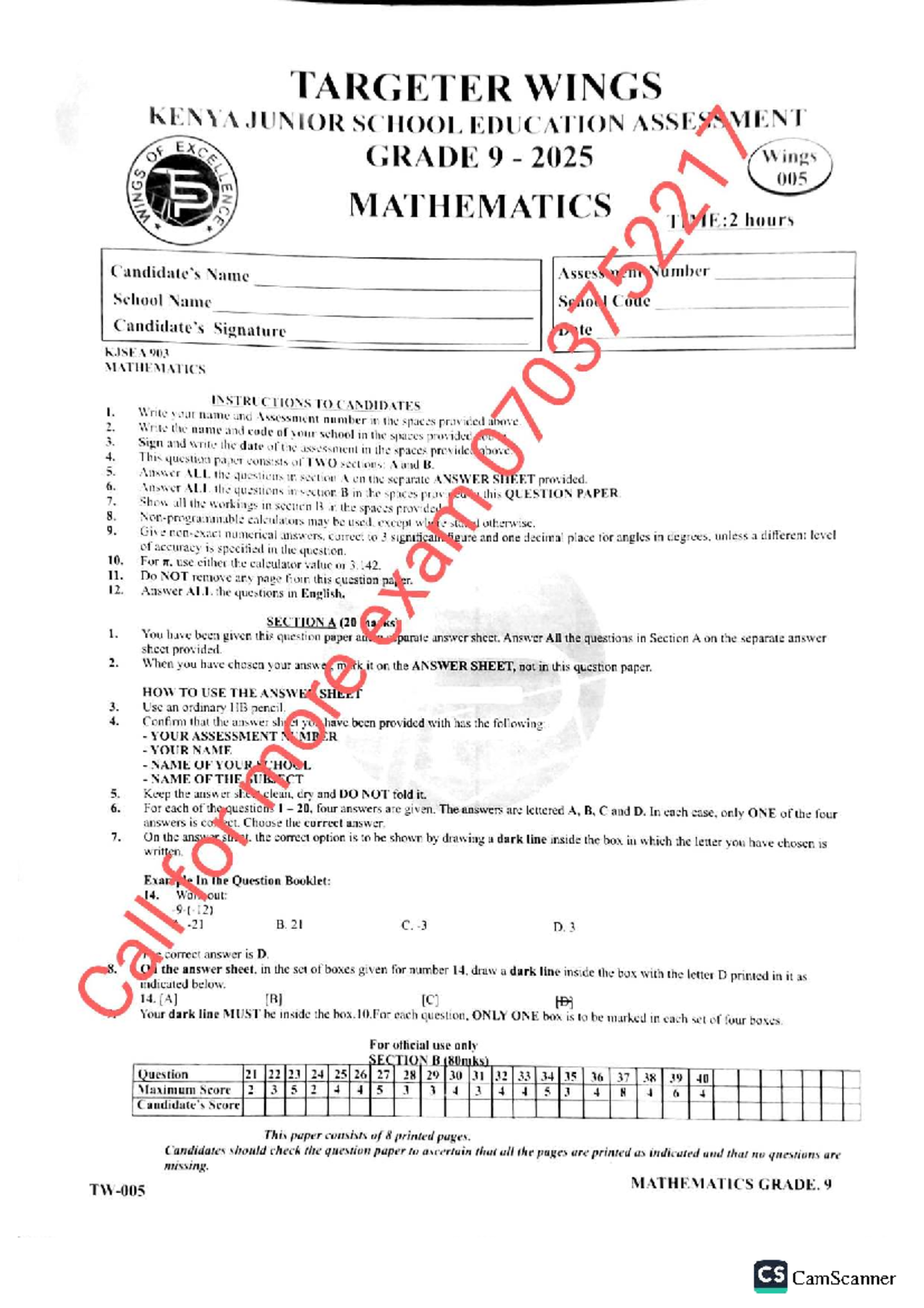 Grade 9 Targeter Wings Mathematics Assessment 2025 - Studocu