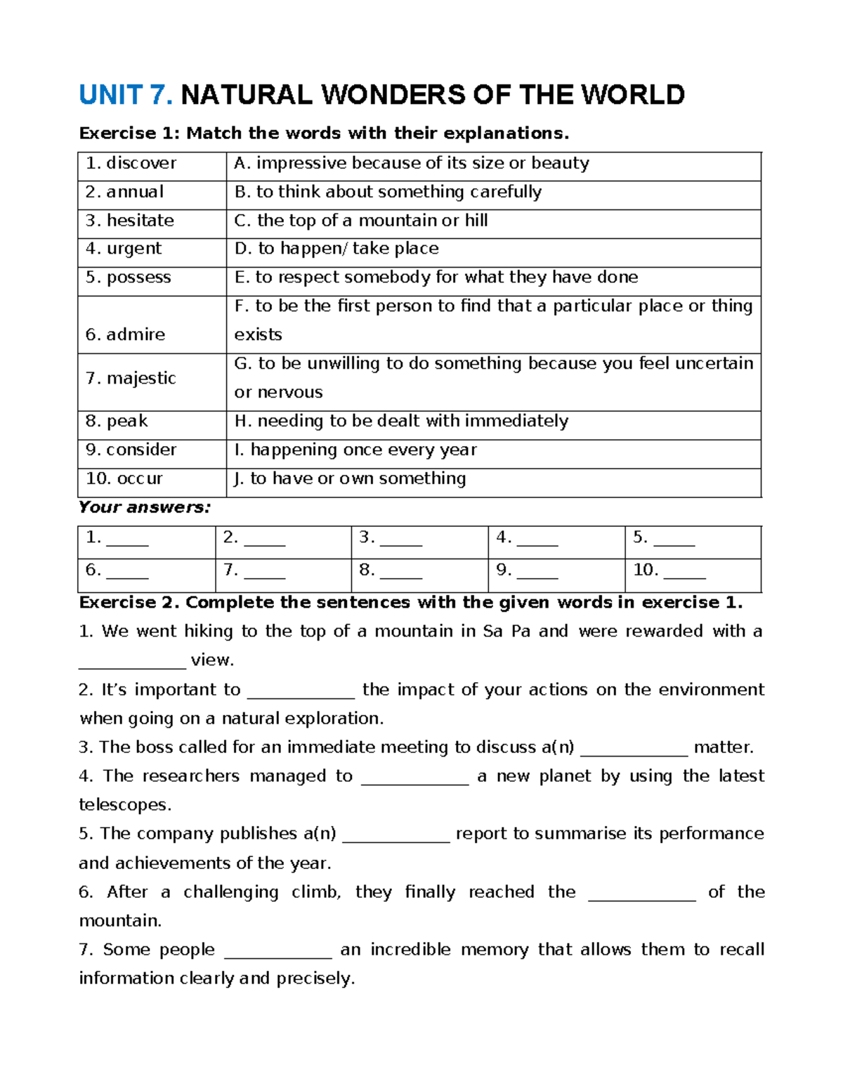 UNIT 7: Natural Wonders of the World - Vocabulary Exercises and ...