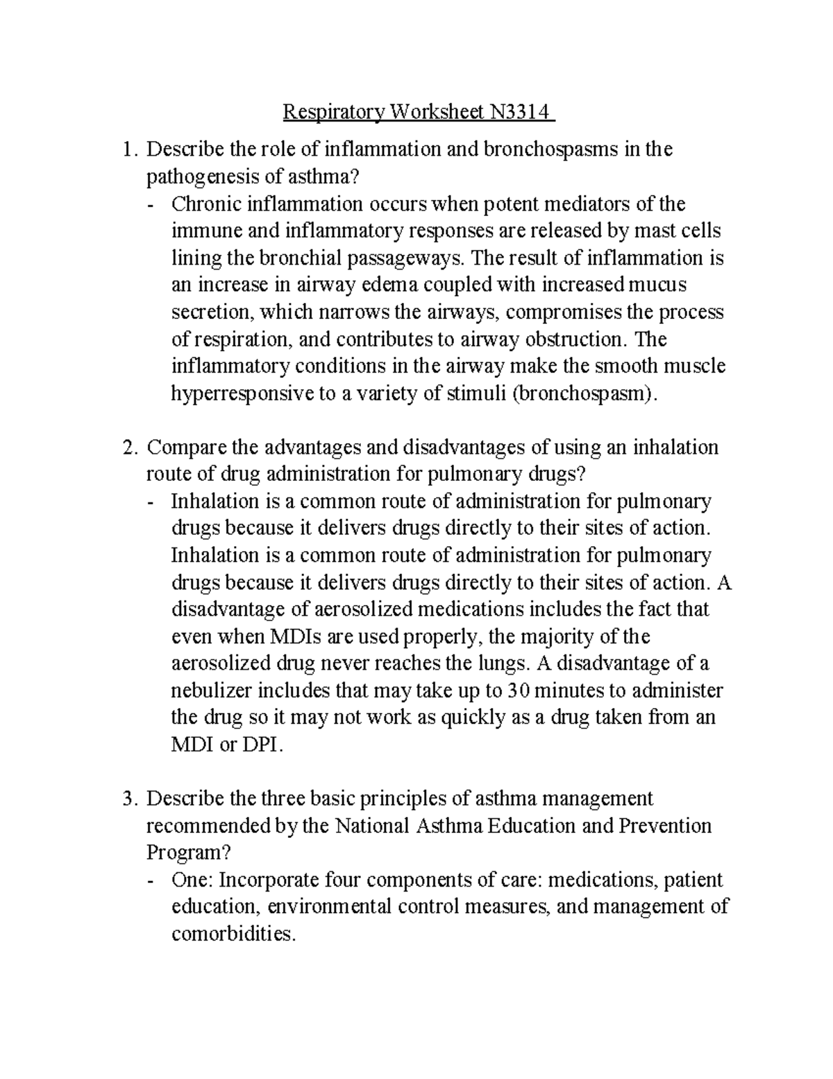 Respiratory Worksheet - Describe the role of inflammation and ...