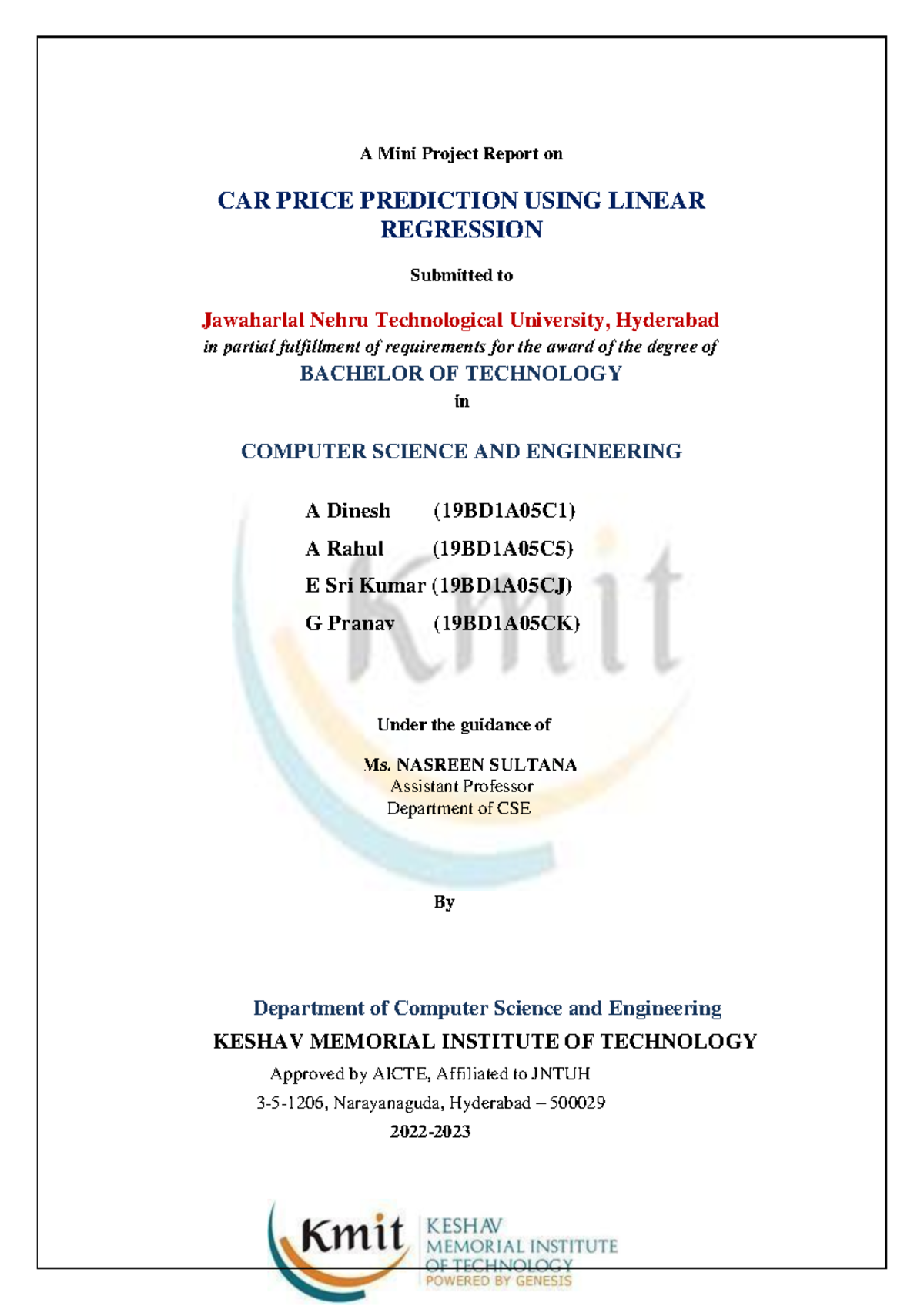 Car Price Prediction Using Linear Regression - Mini Project 19BD1A05 ...