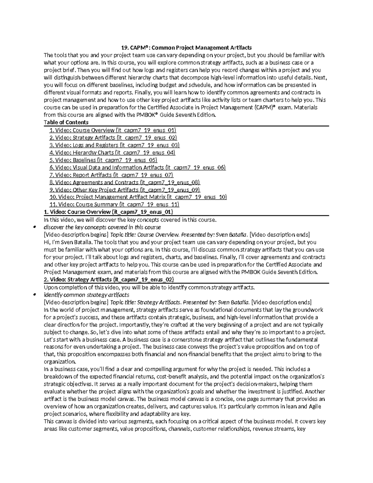 19-TRN 357 - Common Project Management Artifacts Overview - Studocu