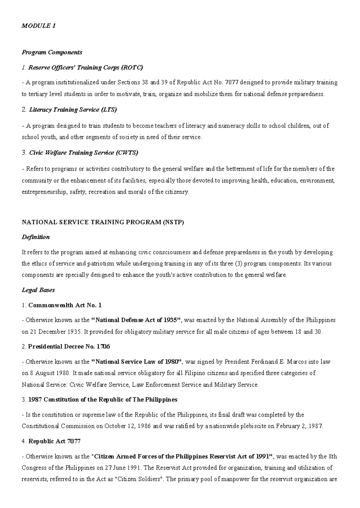 NSTP Prelims: Understanding National Service Training Components and Laws - Studocu