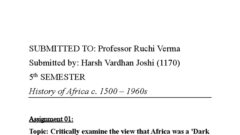 HIST 1170: Assignment 01 - Africa as the 'Dark Continent' Myth - Studocu