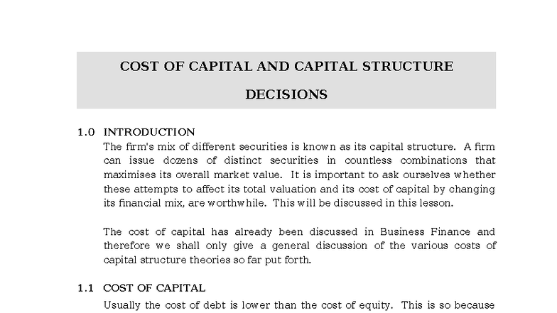 COST OF CAPITAL & CAPITAL STRUCTURE DECISIONS: A Comprehensive Overview ...