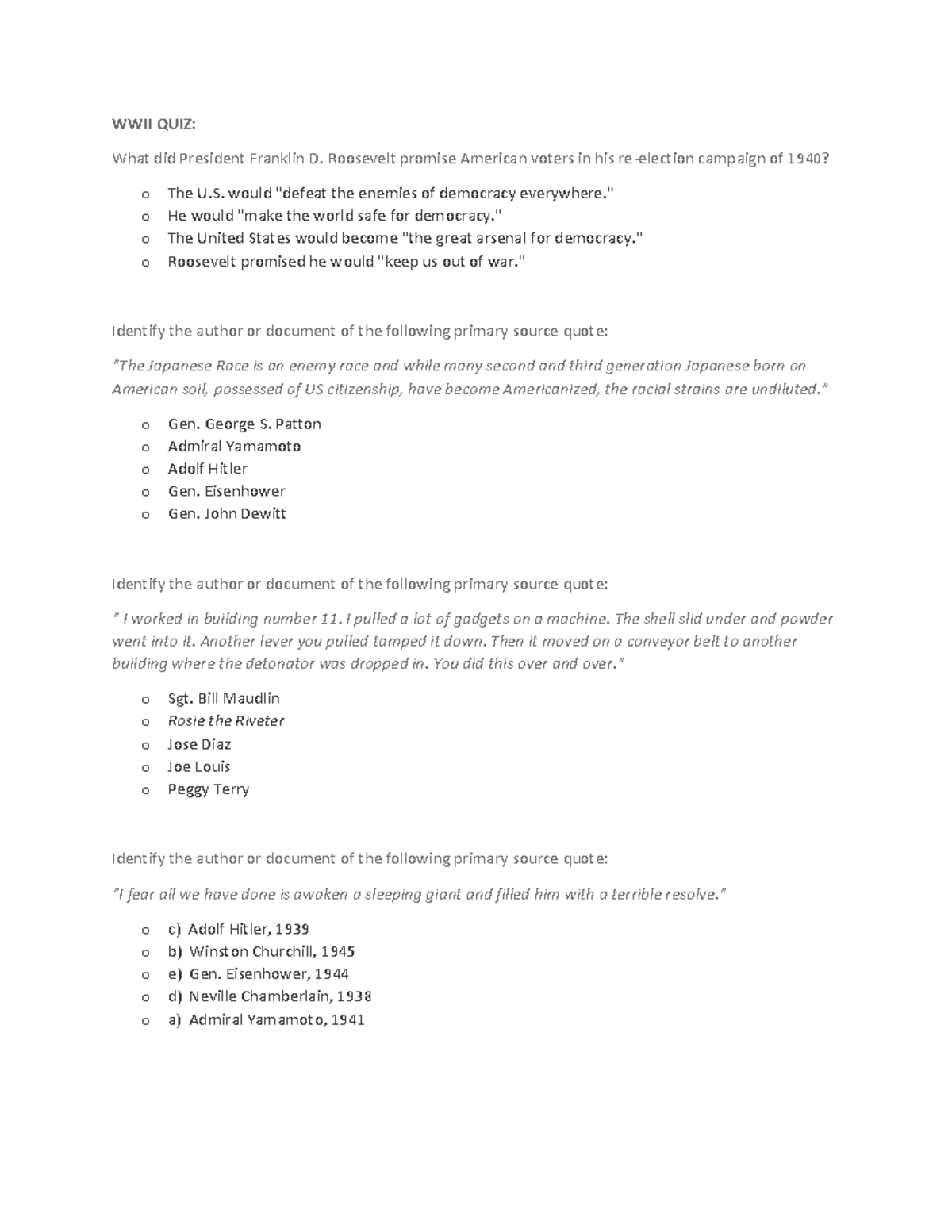 Study Guide HIST 173 - WWII QUIZ: What did President Franklin D ...