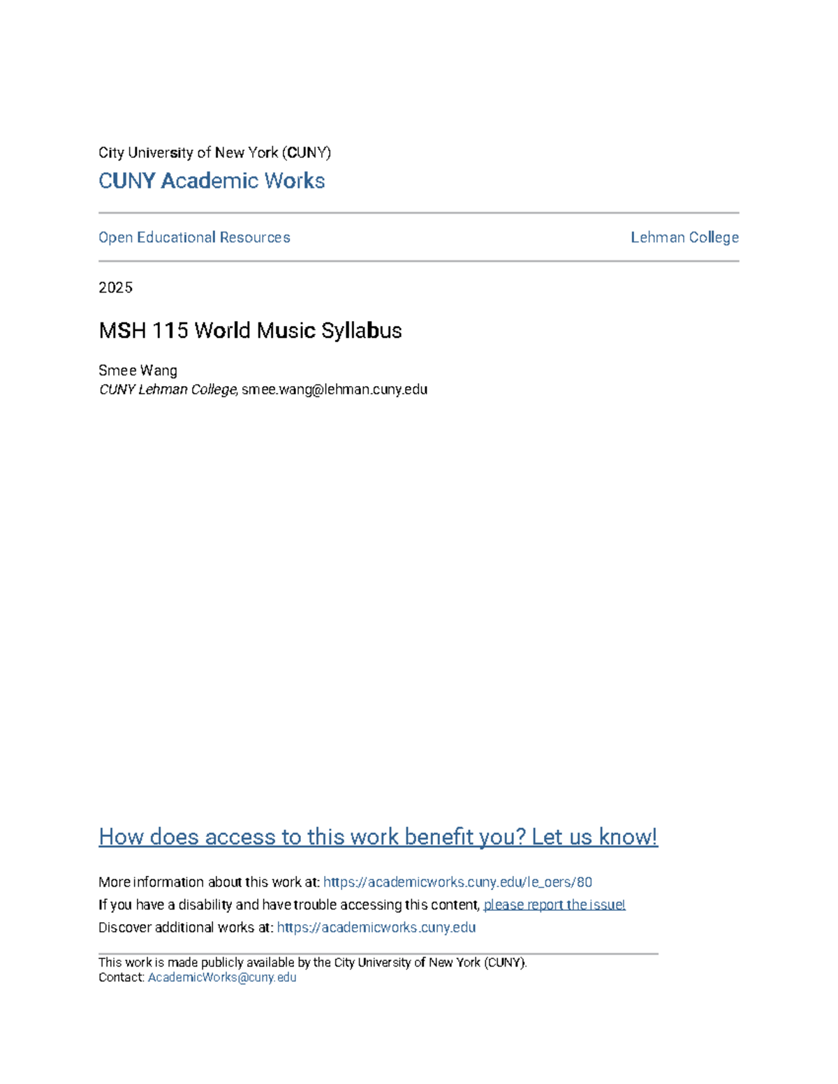 MSH 115 World Music Syllabus - Summer 2025 at CUNY Lehman College - Studocu