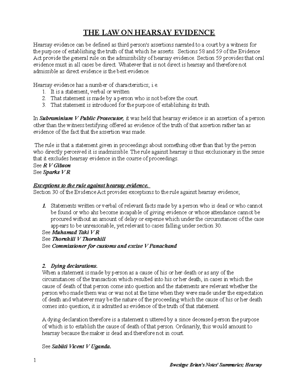 Hearsay Evidence Analysis: Key Notes and Exceptions (Law 101) - Studocu