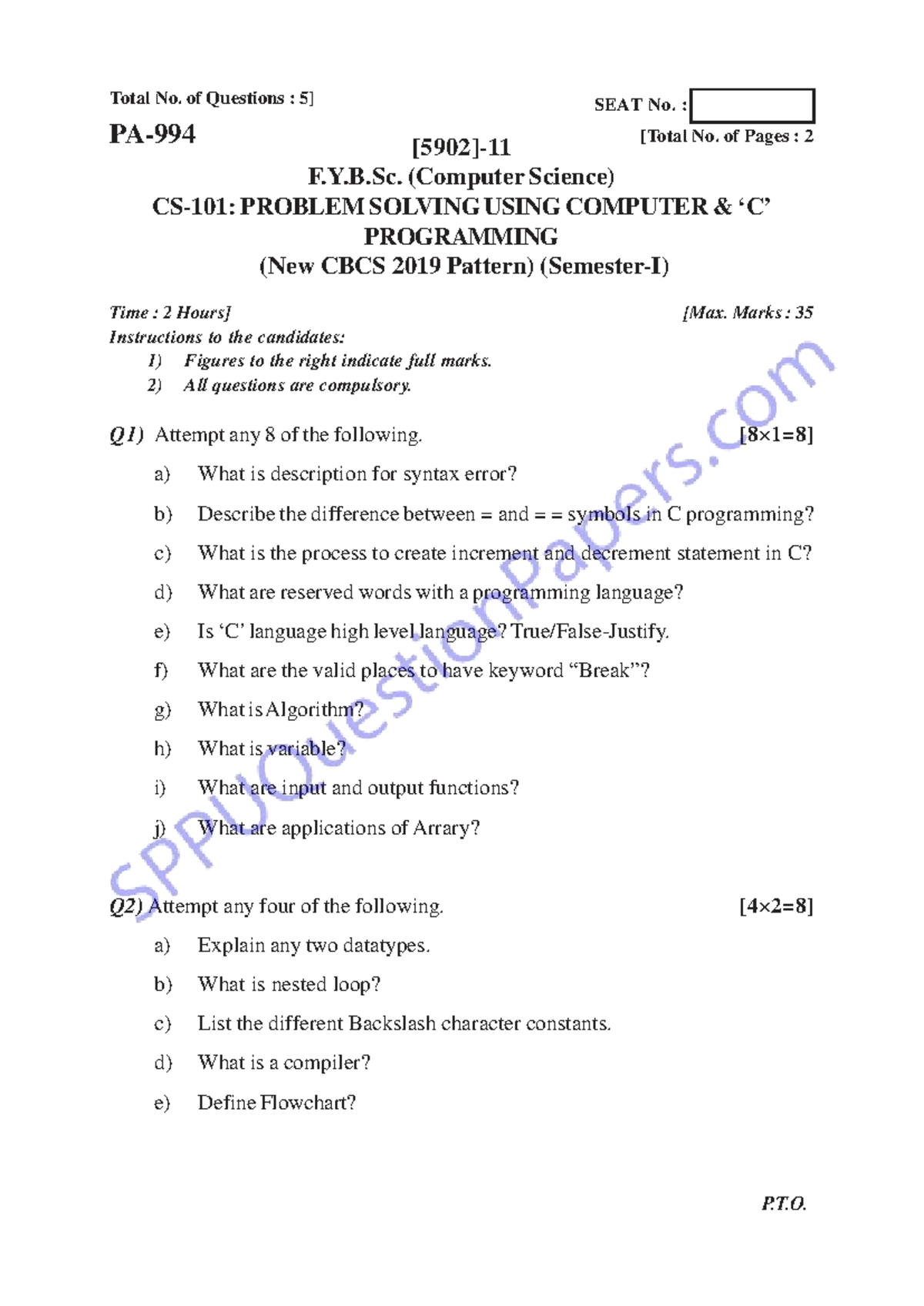 F.Y.B.Sc. (CS) Nov 2022 Problem Solving Using C Programming Exam - Studocu