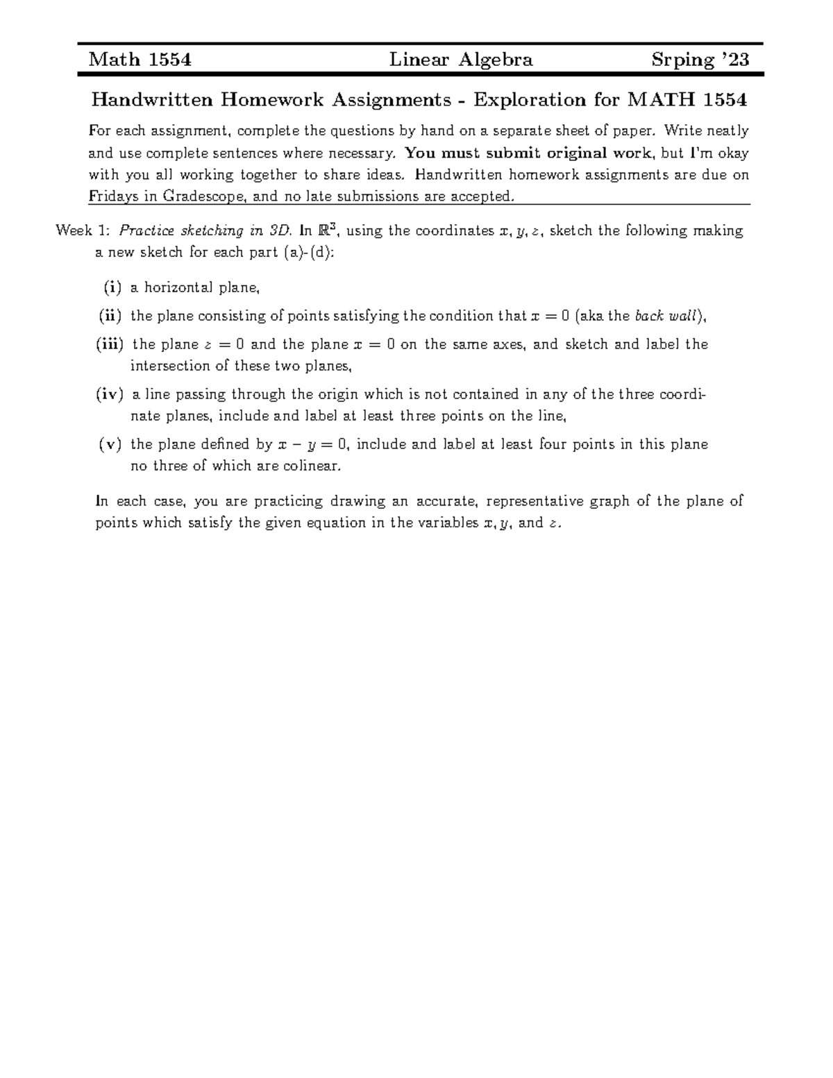 MATH 1554 Linear Algebra: Handwritten Homework Exploration 1 - Studocu