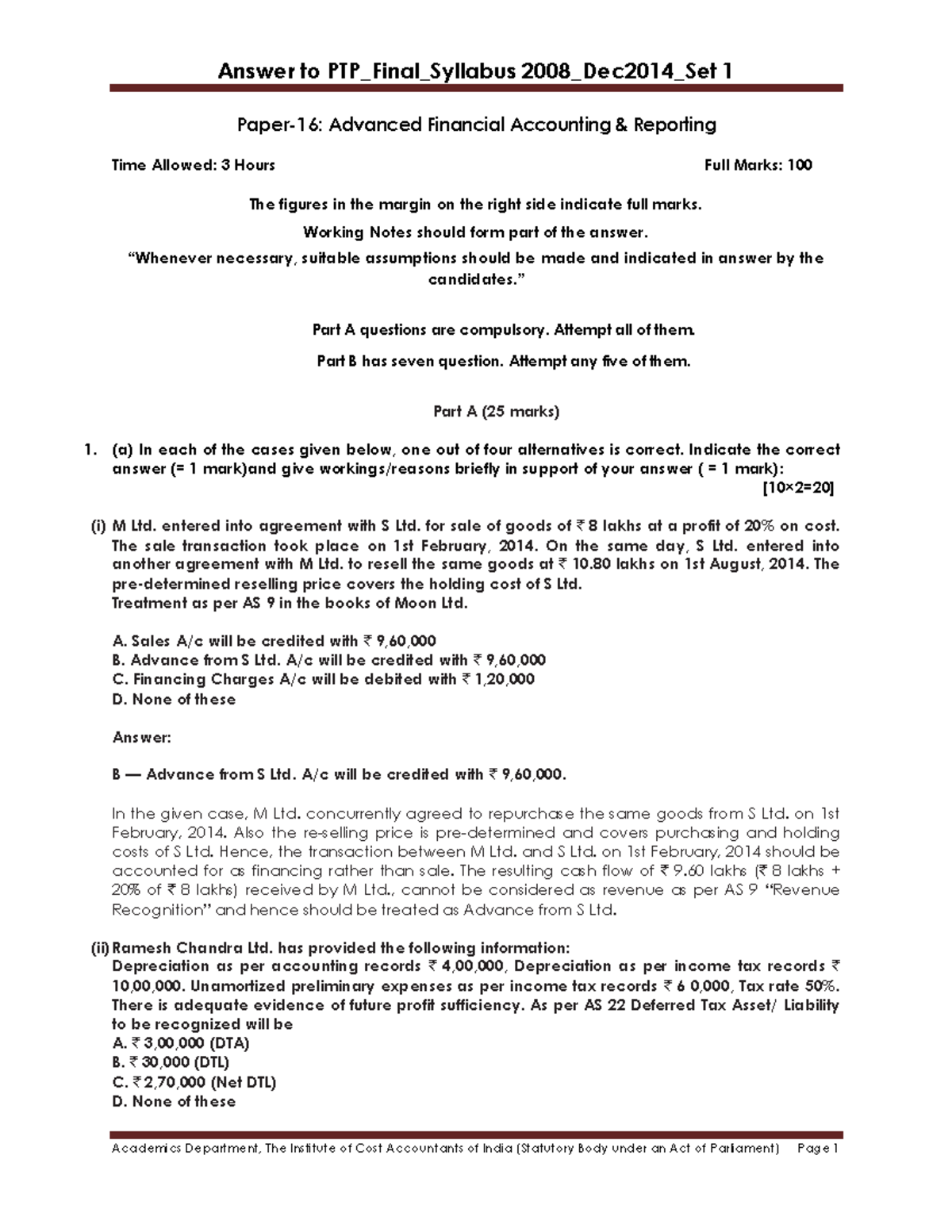 PTP 2008 Dec 2014 Set 1: Advanced Financial Accounting Solutions - Studocu
