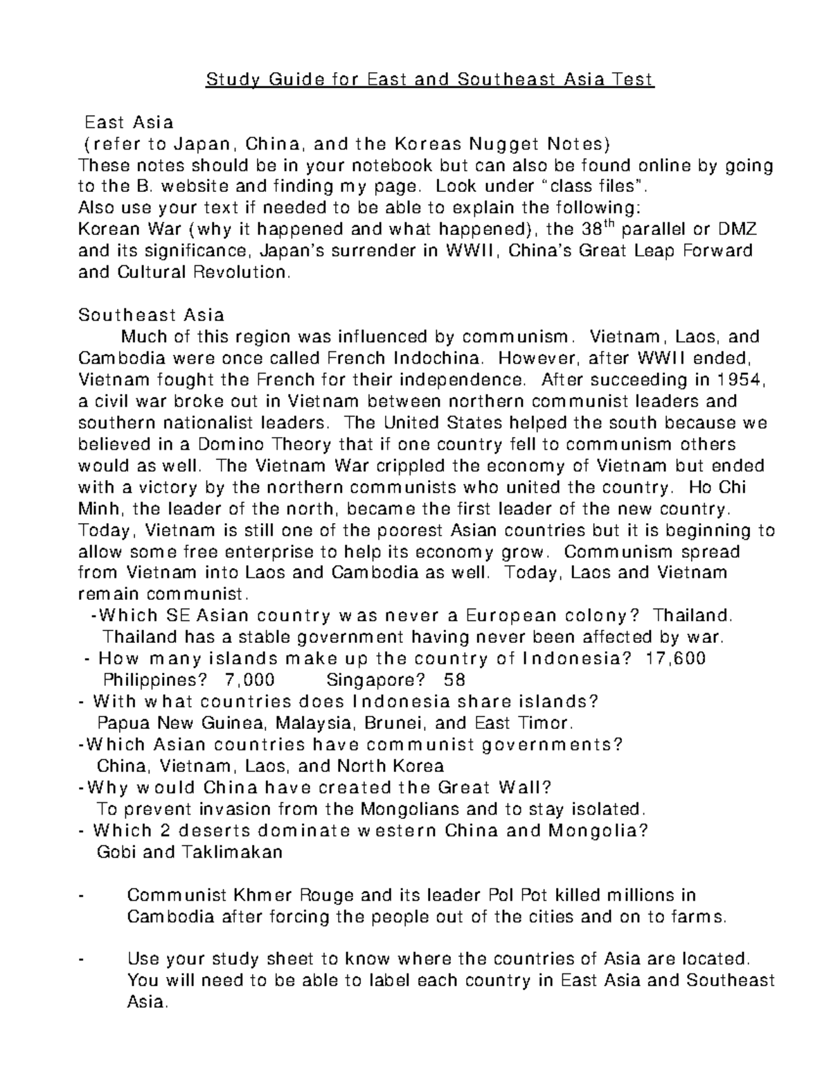 1 asiastdyguideanswers - Study Guide for East and Southeast Asia Test ...