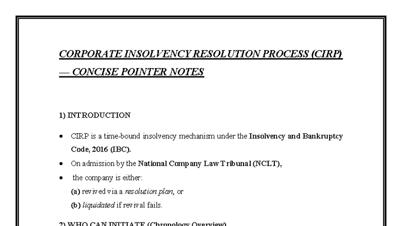 CIRP (Corporate Insolvency Resolution Process) - Key Notes and Overview ...