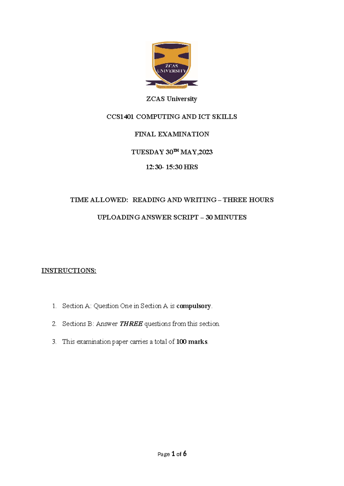 CCS1401 Computing and ICT Skills Final Exam - May 30, 2023 - Studocu