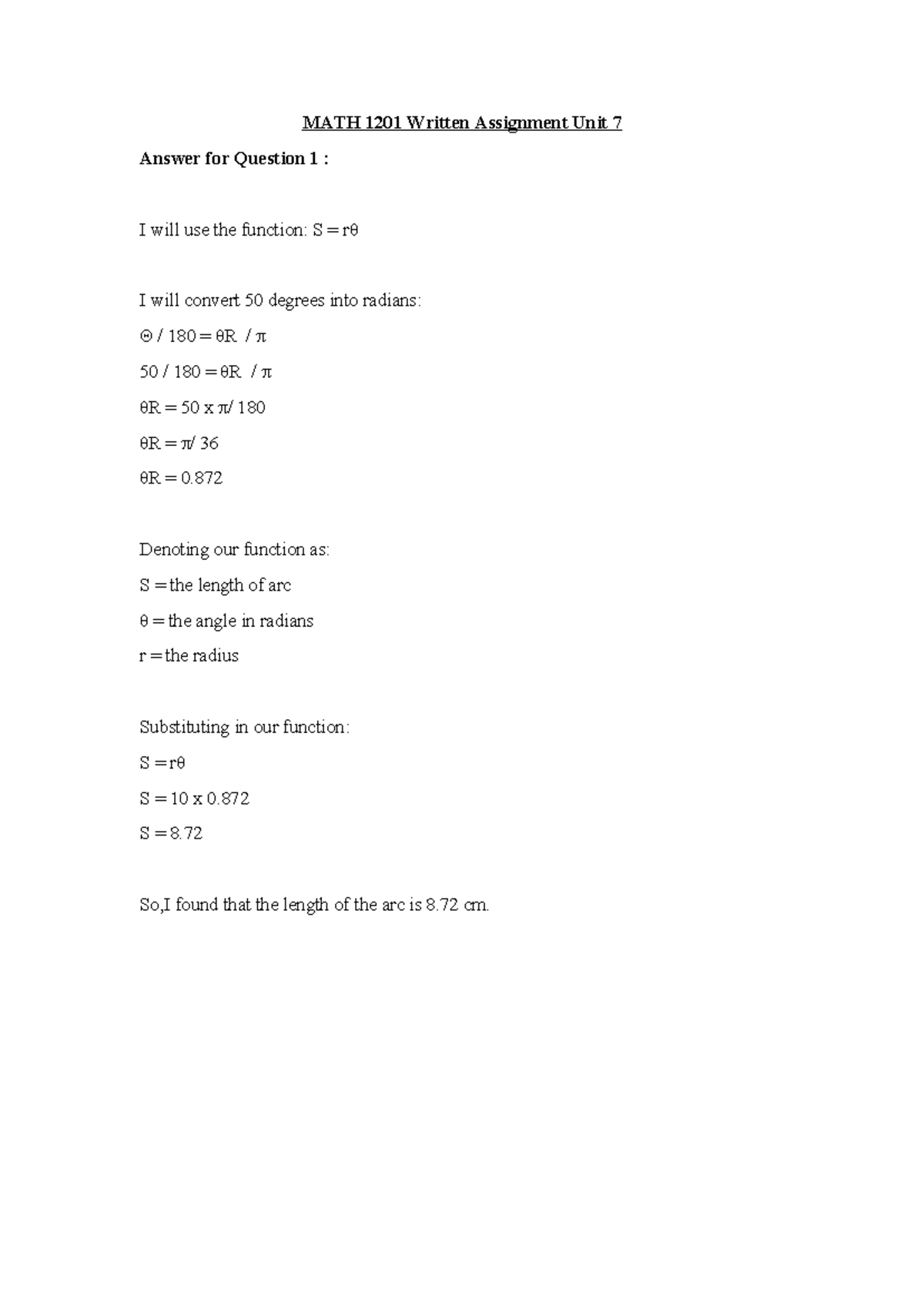 MATH 1201 Written Assignment Unit 7 Solutions and Analysis - Studocu
