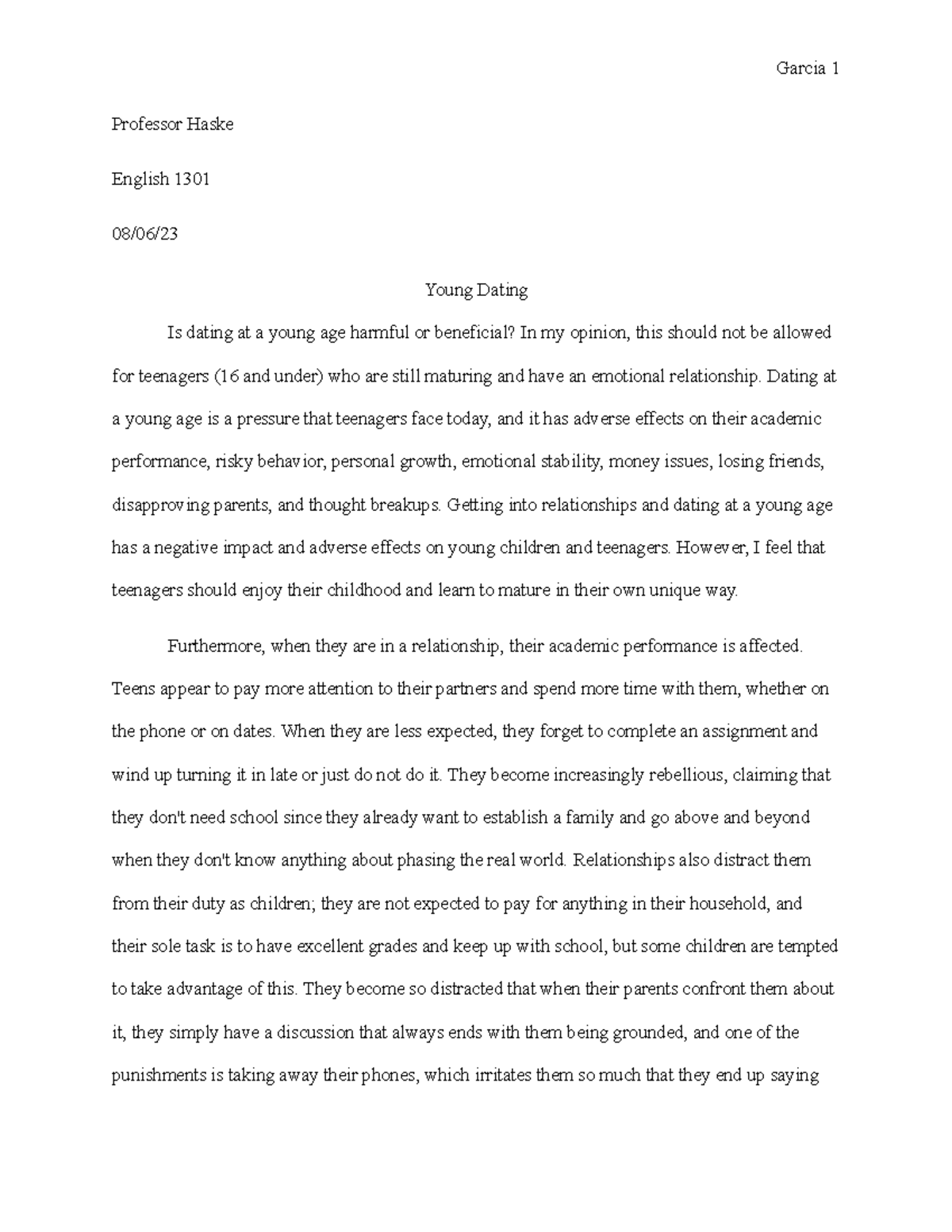 English 1301 - Essay on the Impact of Young Dating Choices - Studocu