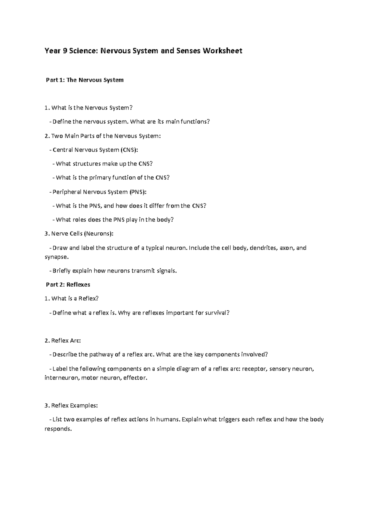 Year 9 Science: Nervous System & Reflexes Revision Worksheet - Studocu