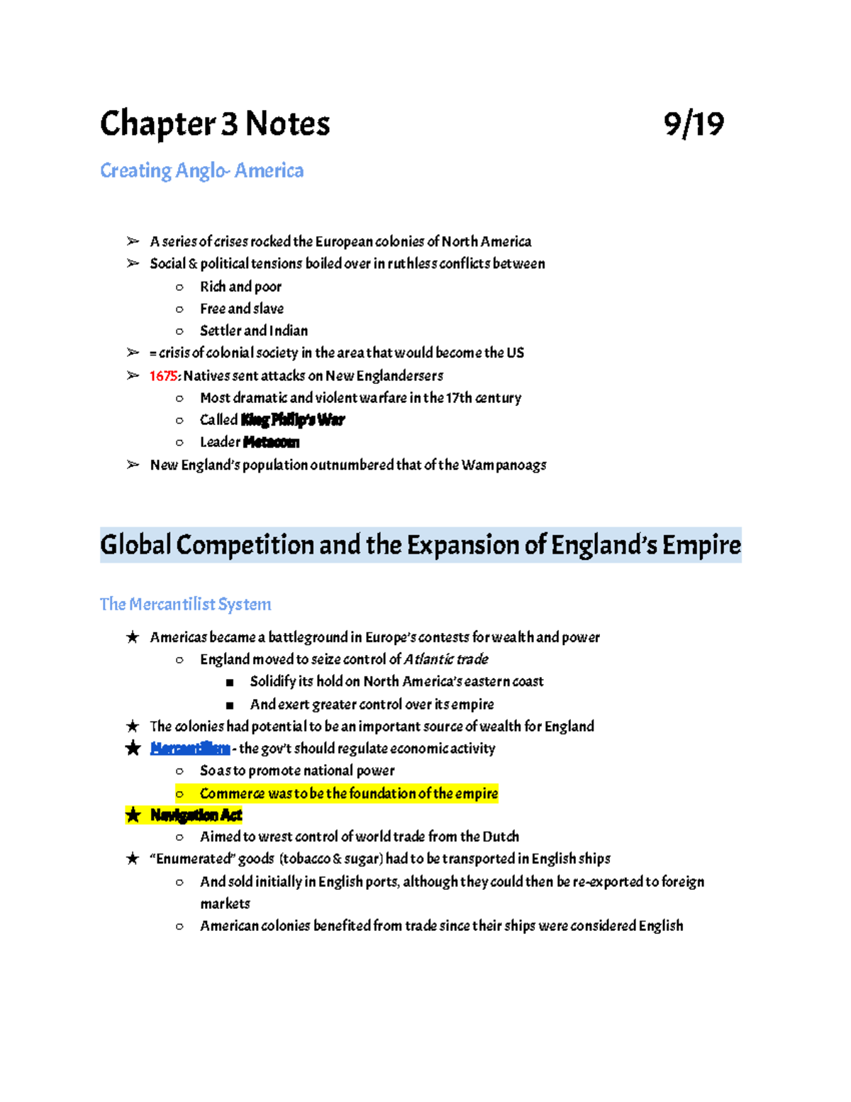 Apush - Chap 3 Notes 9-28-23 - Chapter 3 Notes 9/ Creating Anglo ...