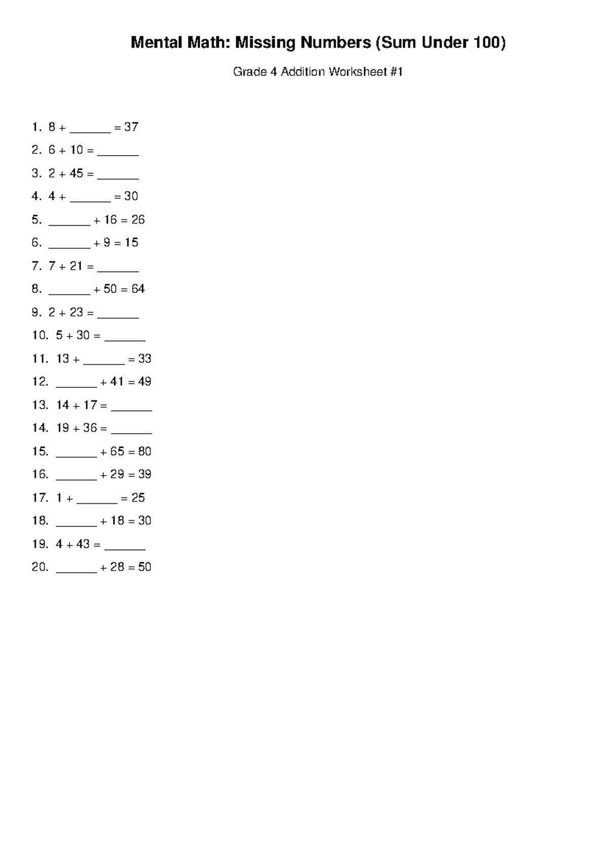 Mental Math Worksheets - Grade 4 Addition Worksheet # 1. 8 ...