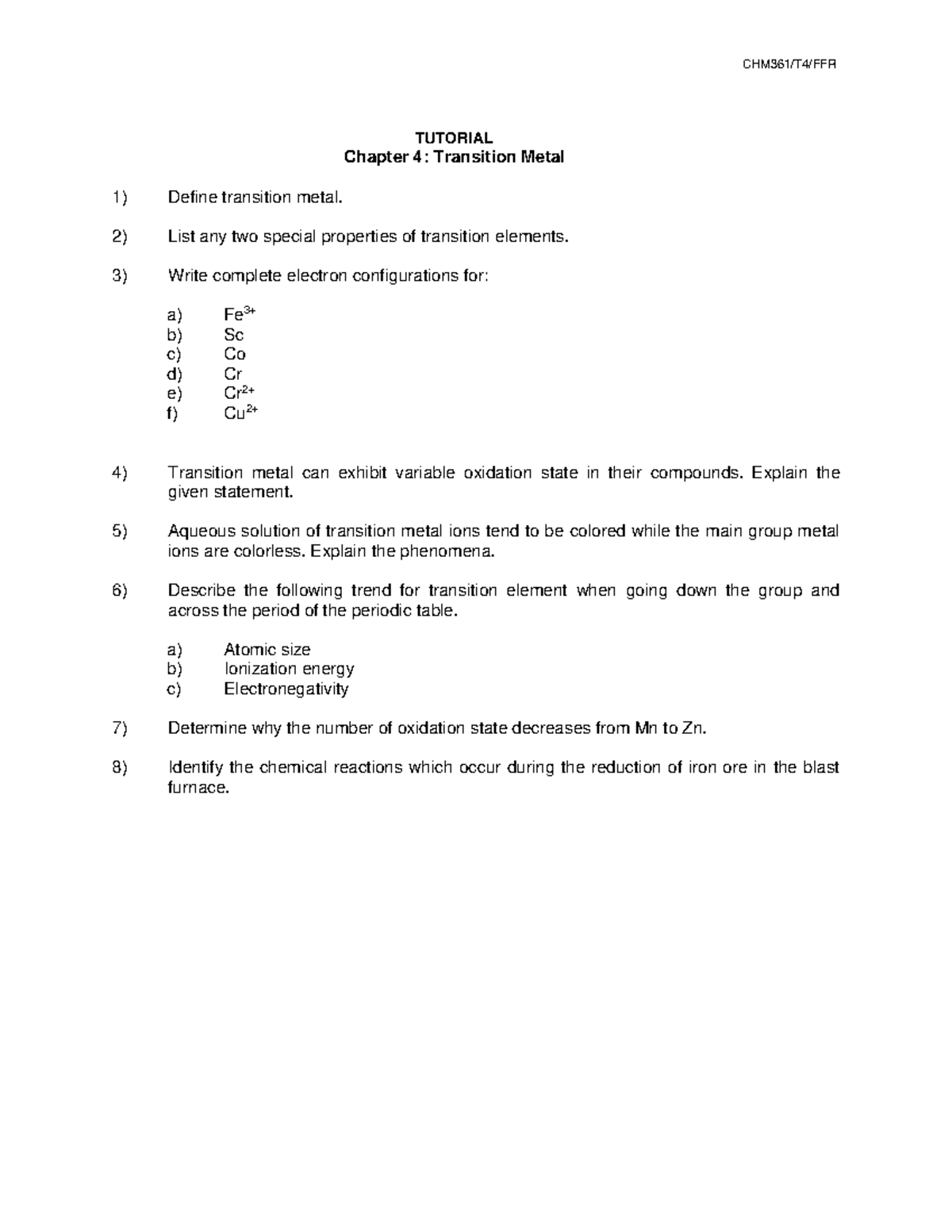 CHM361 Tutorial 4: Transition Metals Concepts & Reactions - Studocu