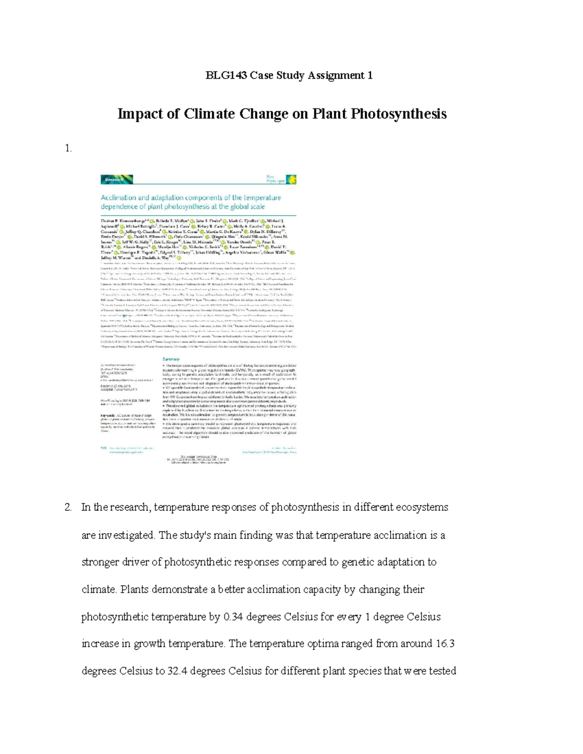 BLG143 Case Study 1: Climate Change Effects on Plant Photosynthesis ...