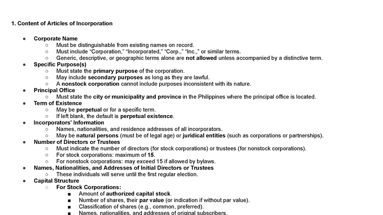 Corporate Law Notes: Articles of Incorporation & Key Concepts (LAW101 ...