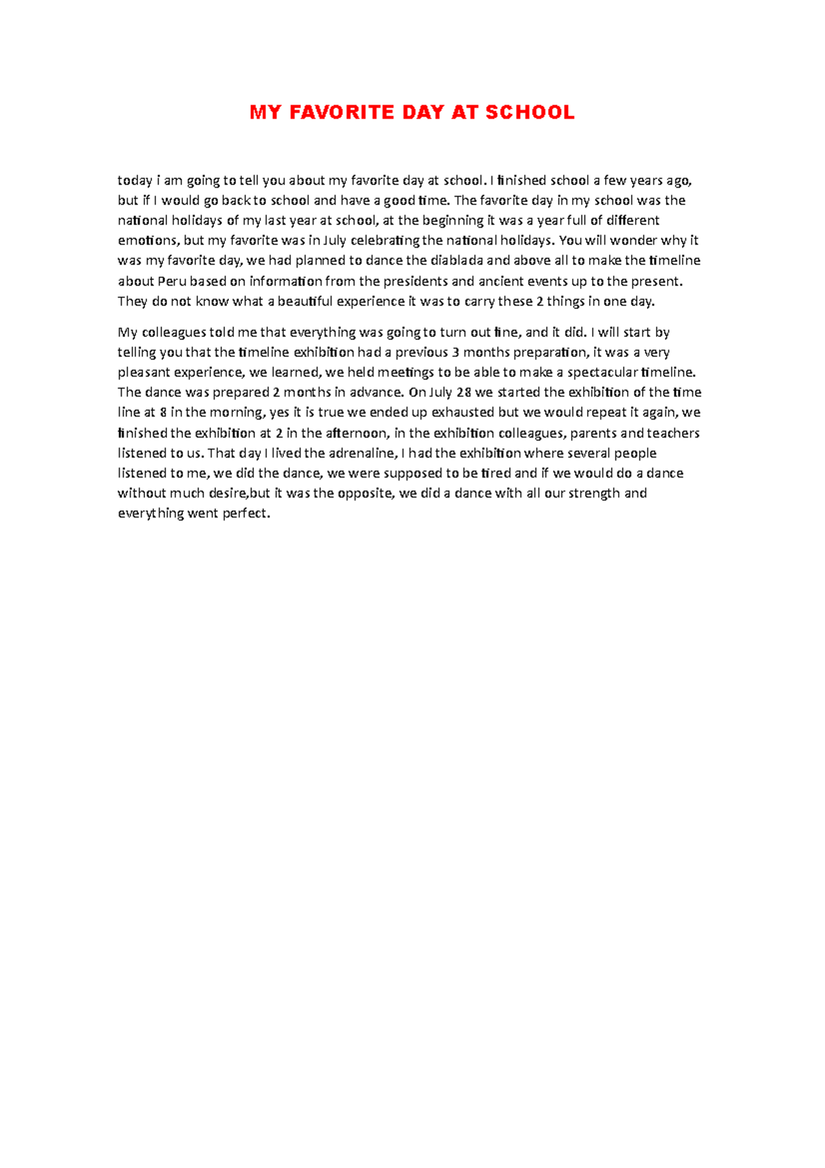 Intermedio 4 - My Favorite Day at School Essay - Studocu
