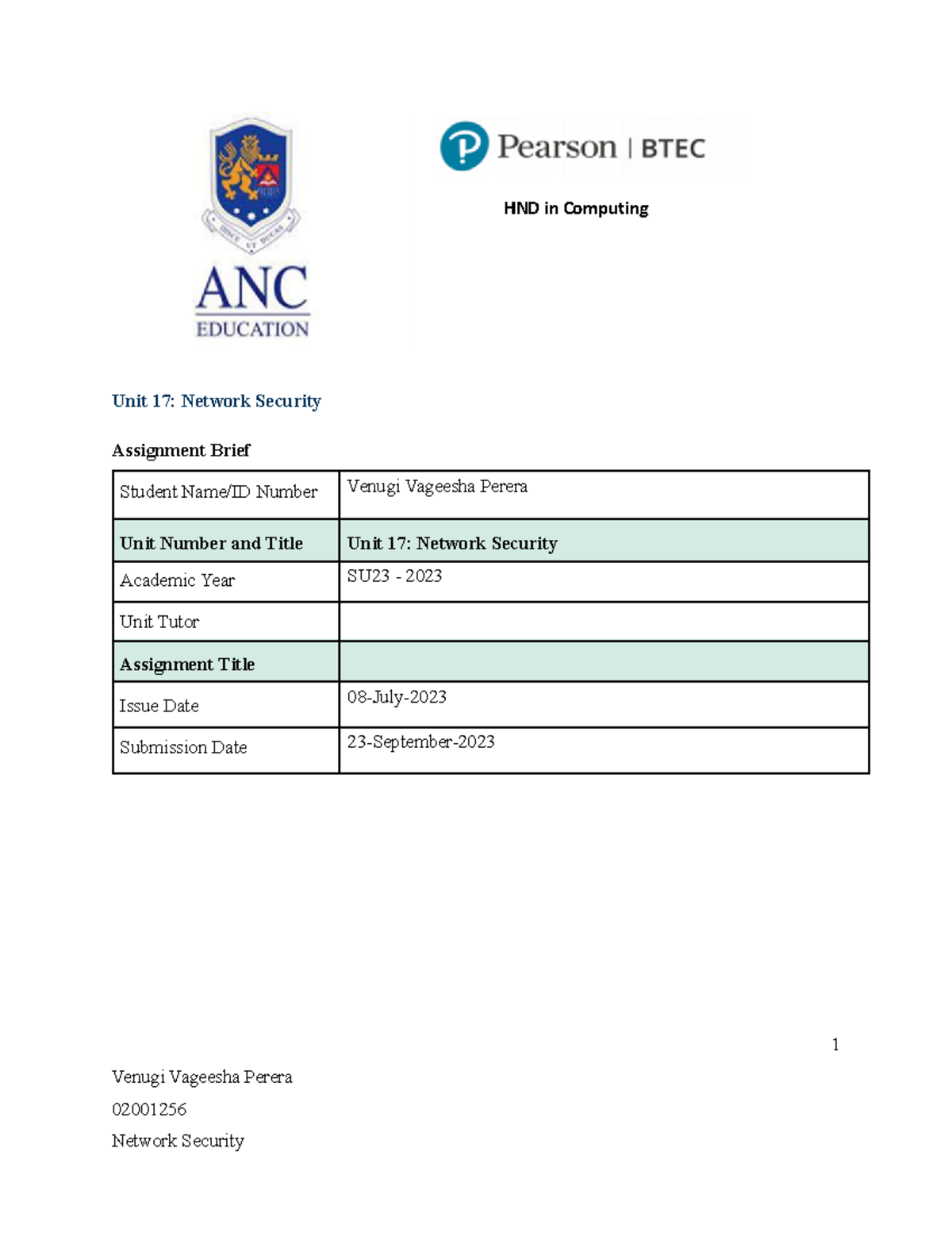 02001 256 Venugi Vageesha Perera Network Security - HND in Computing Unit 17: Network Security ...