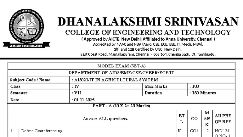ITAS Model Exam QP Set A for ECE - Agricultural Systems IV - Studocu