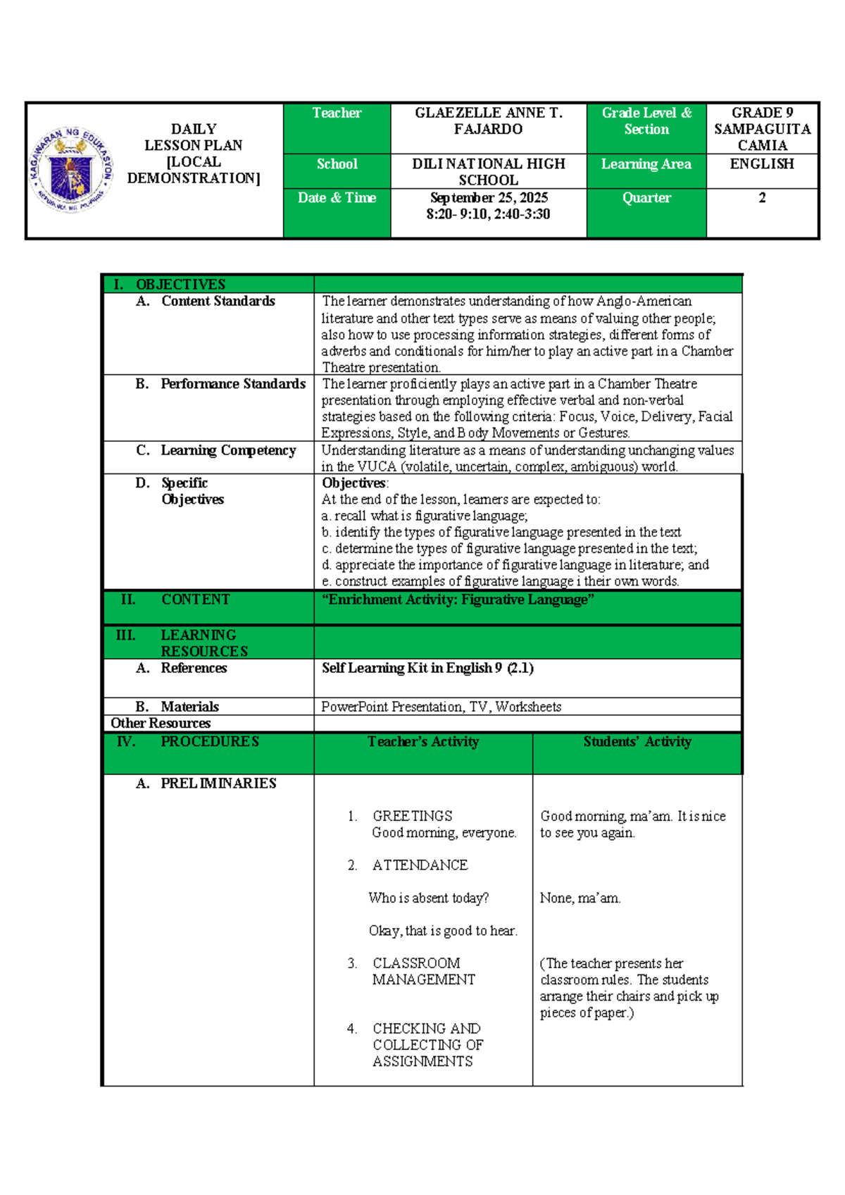 DAILY LESSON PLAN: GRADE 9 ENGLISH (Q2) - FIGURATIVE LANGUAGE - Studocu