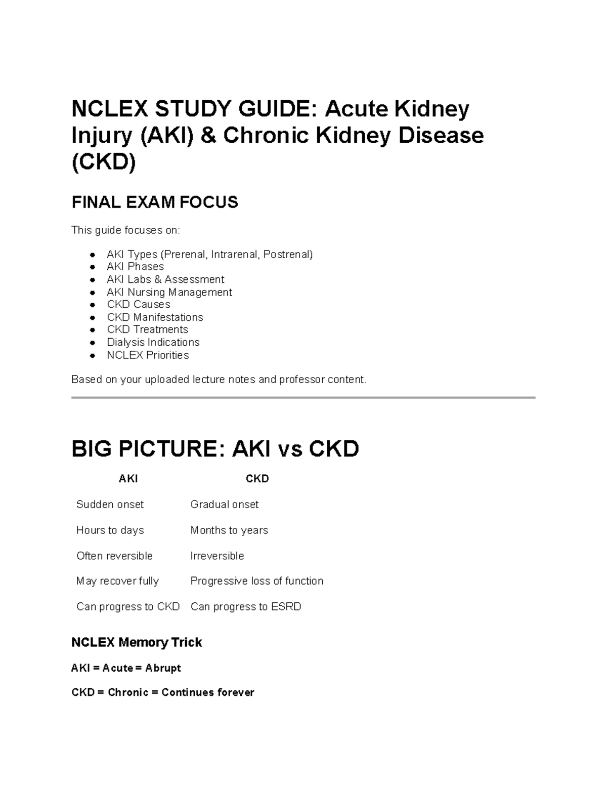 NCLEX Study Guide: AKI & CKD Final Exam Focus - Studocu