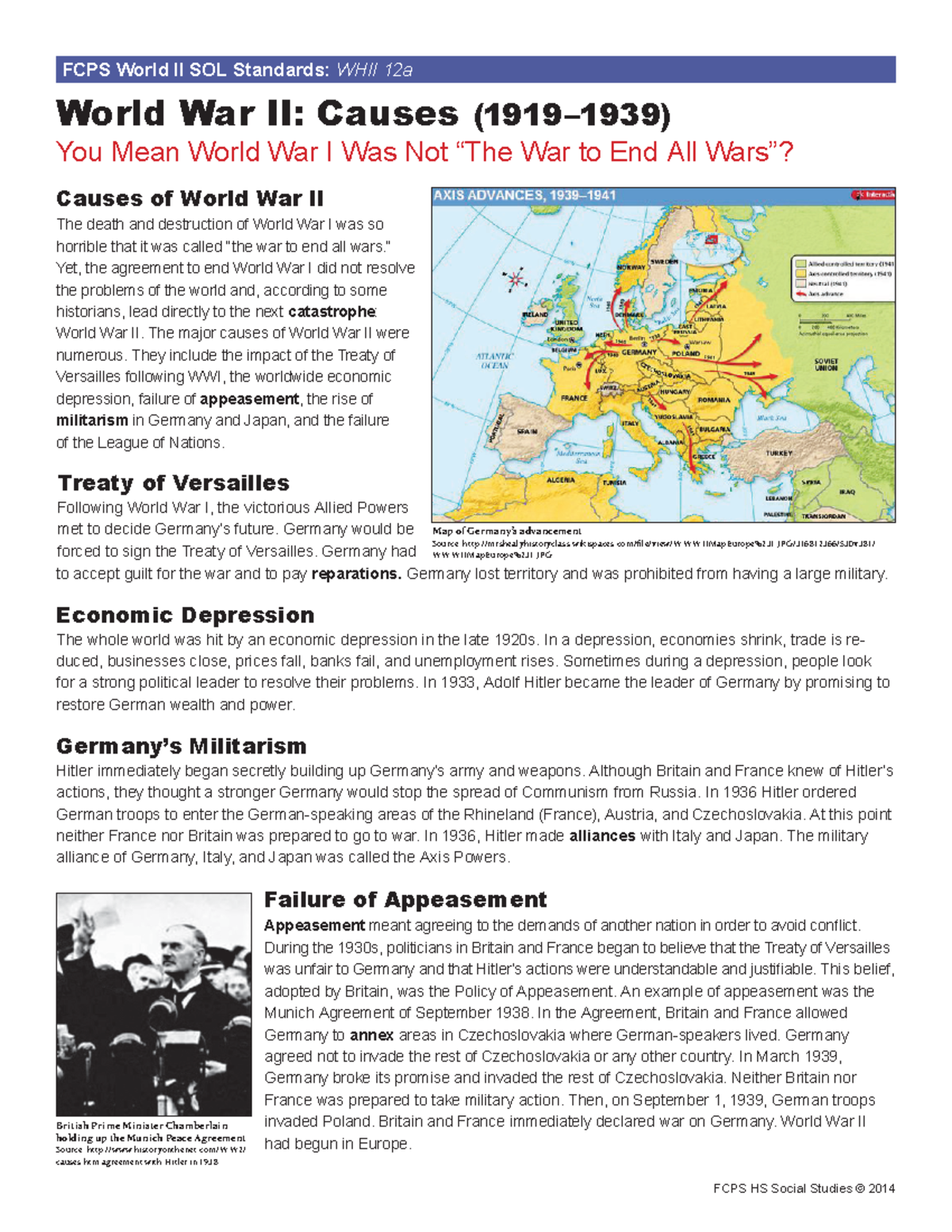 Causes of WWII worksheet - FCPS World II SOL Standards: WHII 12a FCPS ...