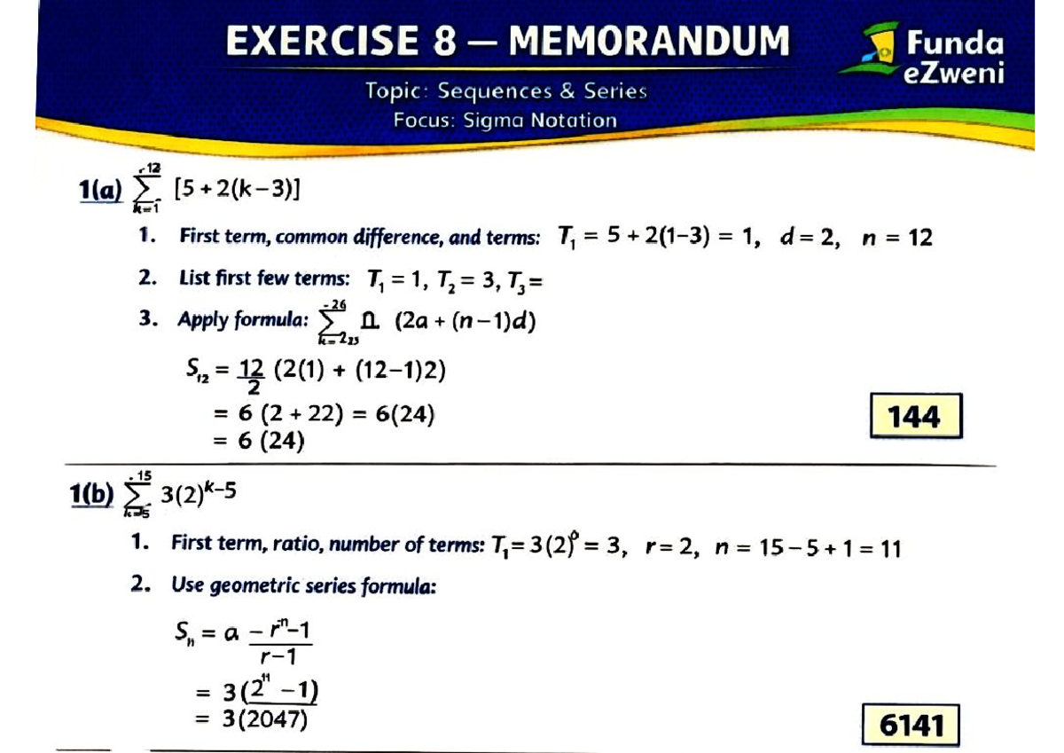 Exercise 8 Solutions: Sequences & Series (Funda eZweni) - Studocu