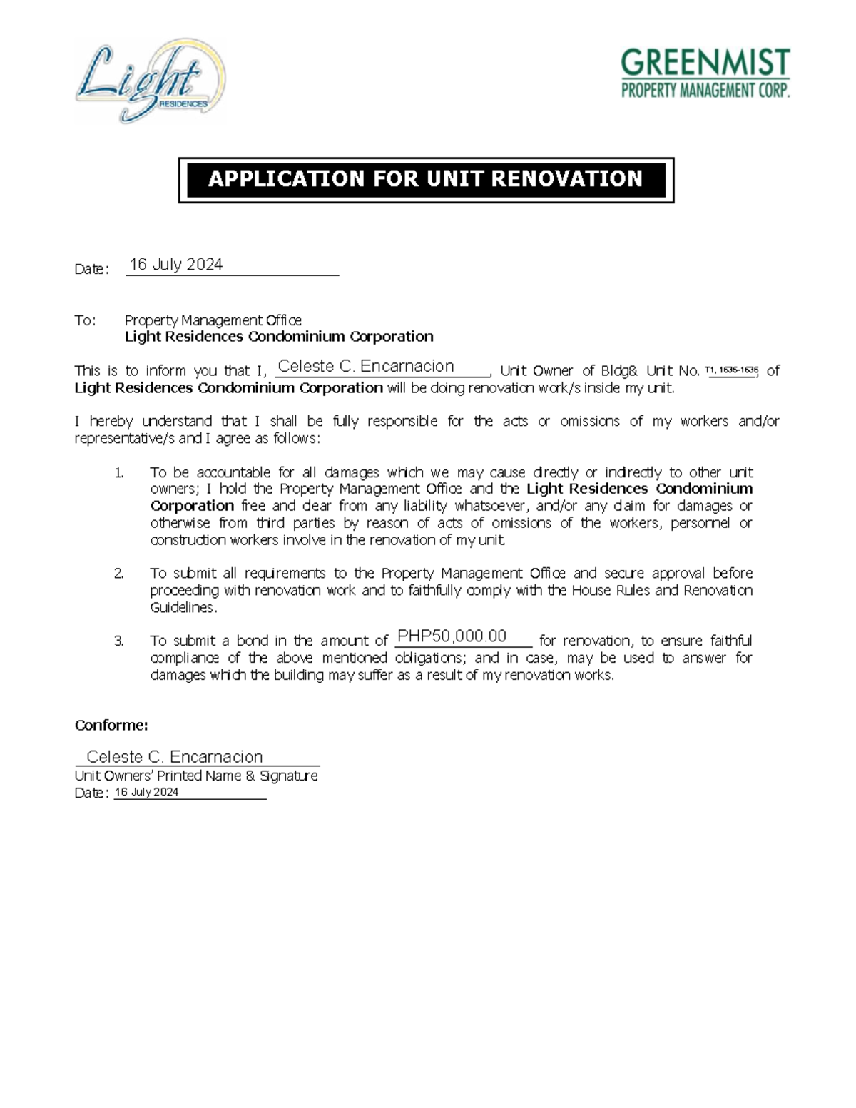 Unit Renovation Application - Light Residences Condominium - Studocu