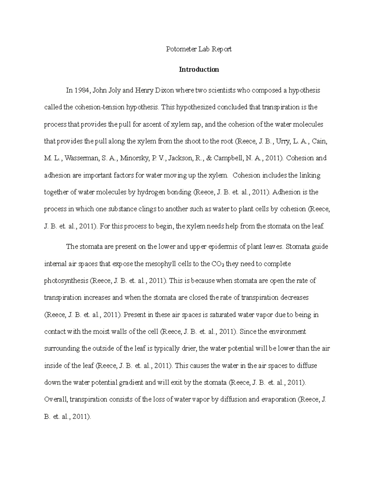 Bio 101 Potometer Lab Report: Analyzing Transpiration Rates and Factors ...