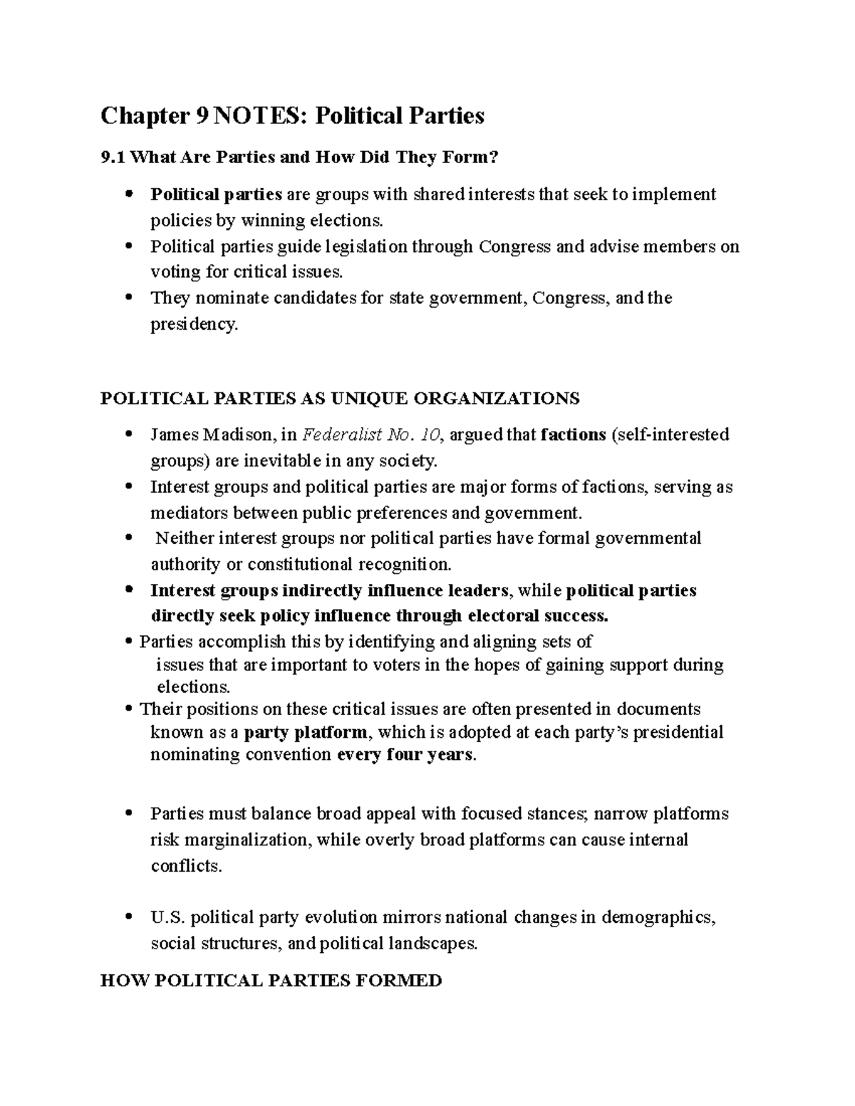 Chapter 9 Notes - Political Parties - Chapter 9 NOTES: Political ...