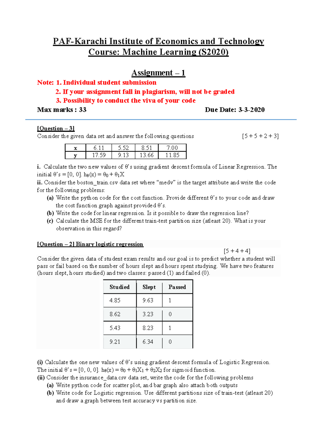 Machine Learning Assignment 1 (S2020): Gradient Descent & Logistic ...