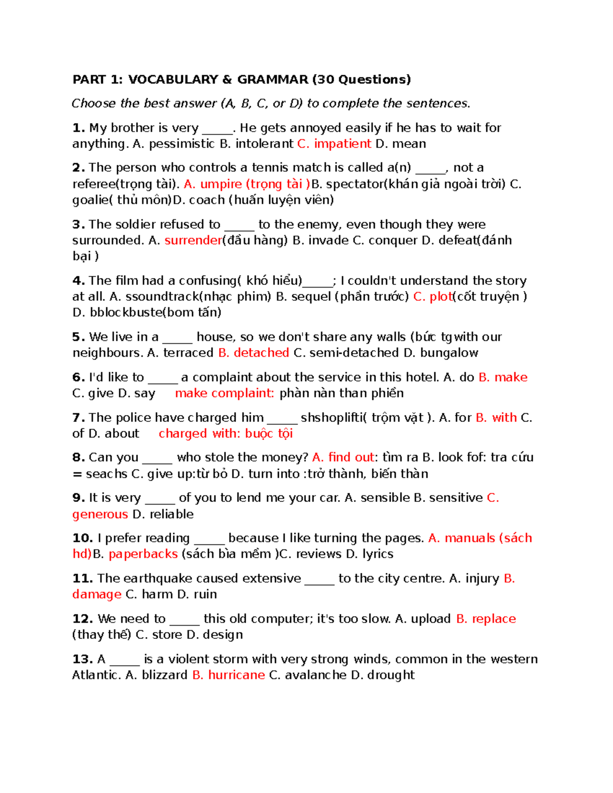 PART 1: VOCABULARY GRAMMAR EXERCISES (30 Questions) - Studocu