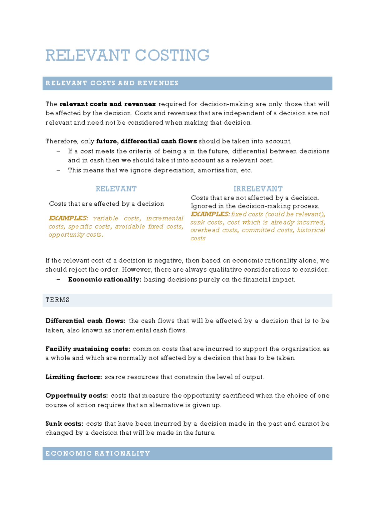 Relevant Costing Notes - Decision-Making Insights and Examples - Studocu
