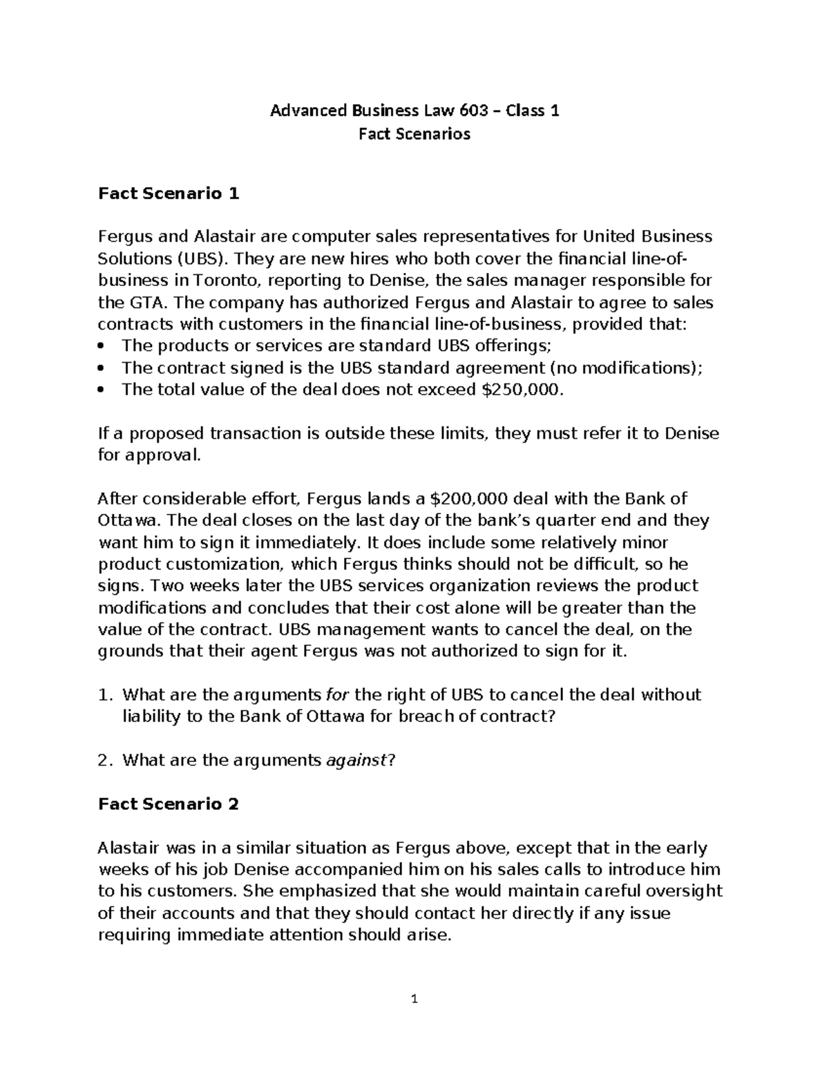 Law 603 Class 1 Fact Scenarios: Winter 2026 Analysis - Studocu