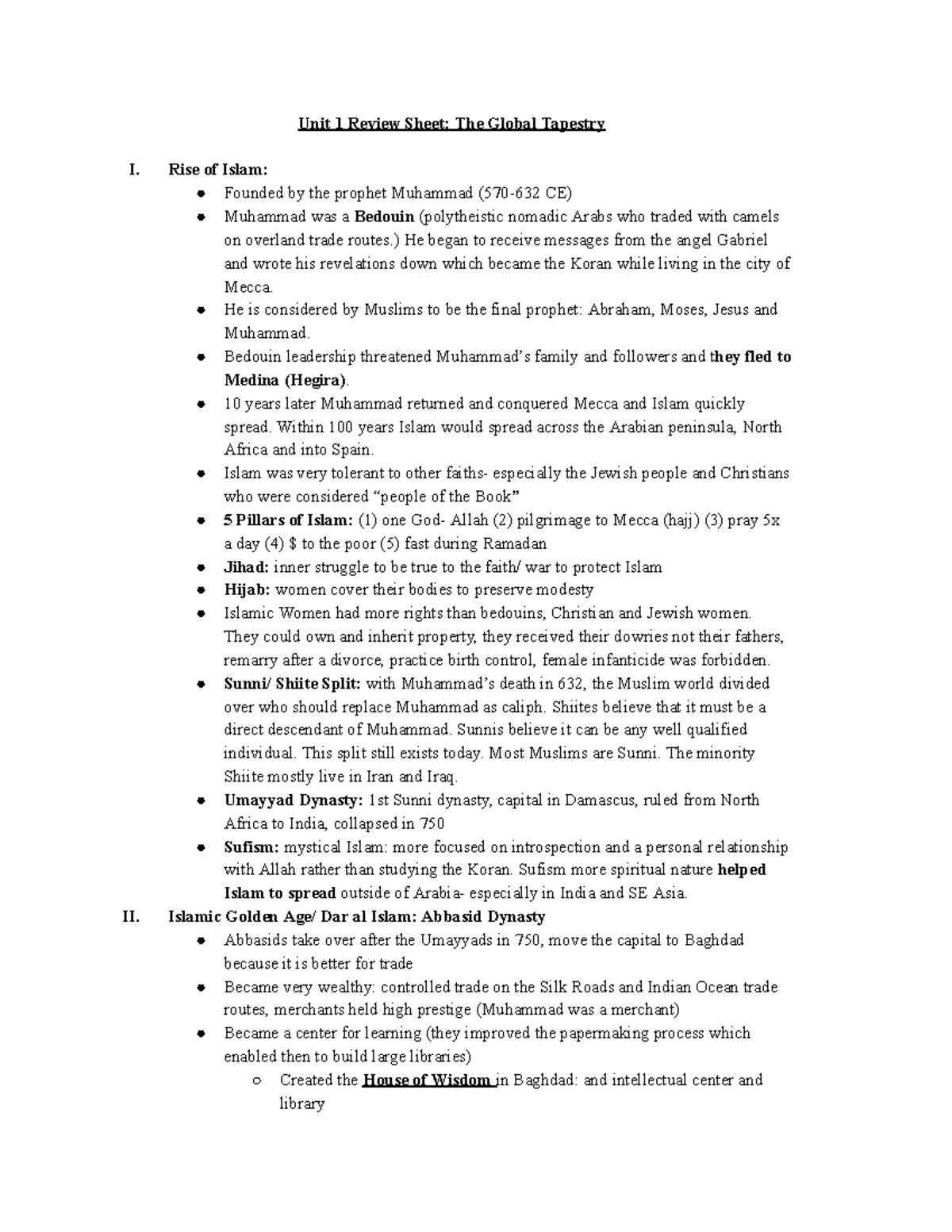 Unit 1 (1200-1450) Review Sheet - Unit 1 Review Sheet: The Global ...