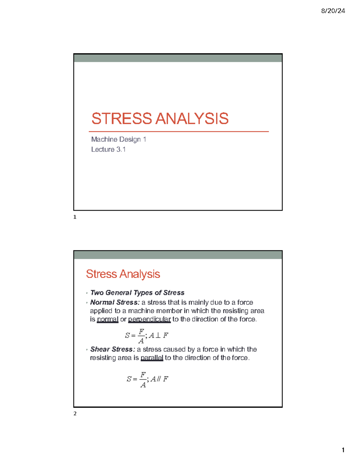 Machine Design 1: Lecture 3.1 - Simple Stress Analysis - Studocu