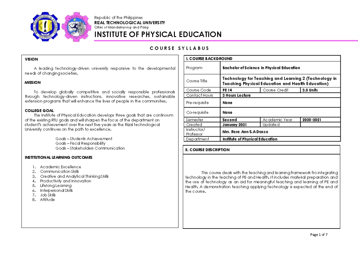 PE 14 - Technology for Teaching and Learning 2 Syllabus (2021) - Studocu